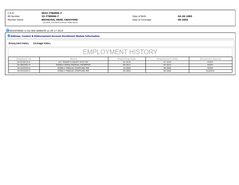 SSS Employers Record History | PDF