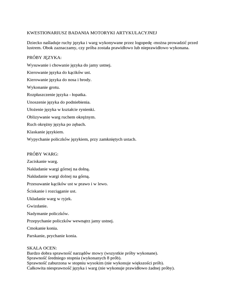 Kwestionariusz Badania Motoryki Artykulacyjnej | PDF