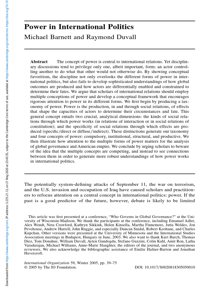 Power in International Politics | PDF | Concept | Political Science