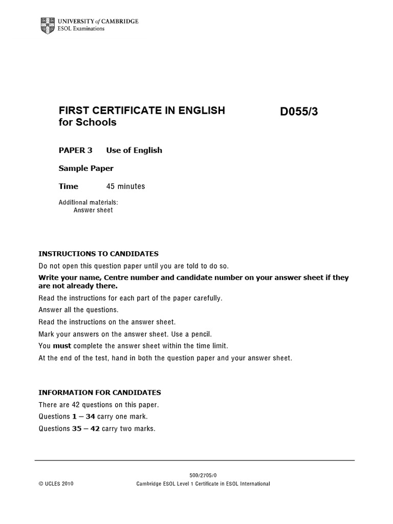 Firstfor Schools Sample Use of English Paper (1) | PDF | Swimming (Sport)
