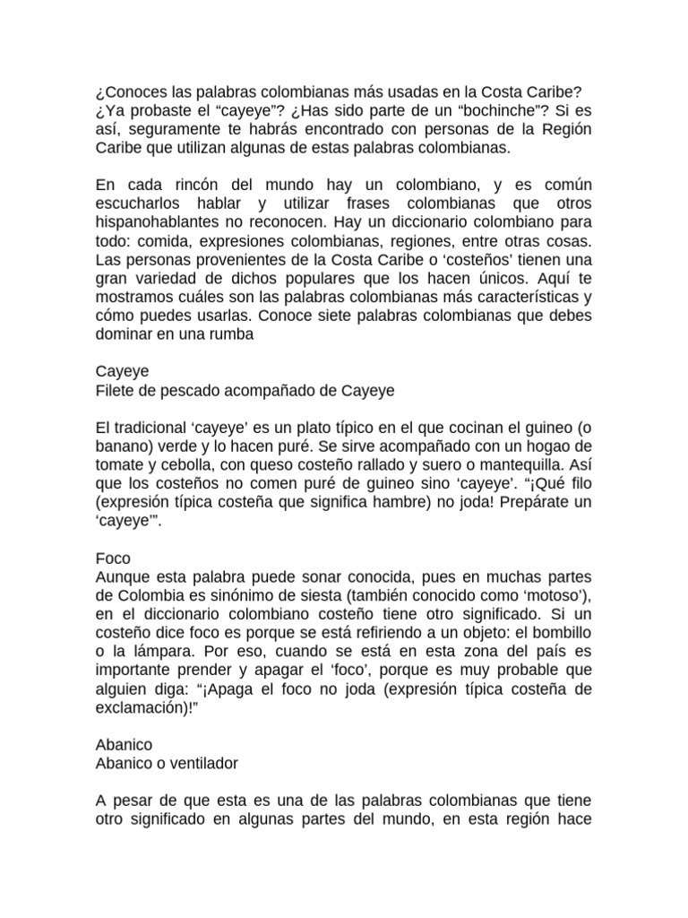 Palabras Costeñas Esenciales en Colombia | PDF