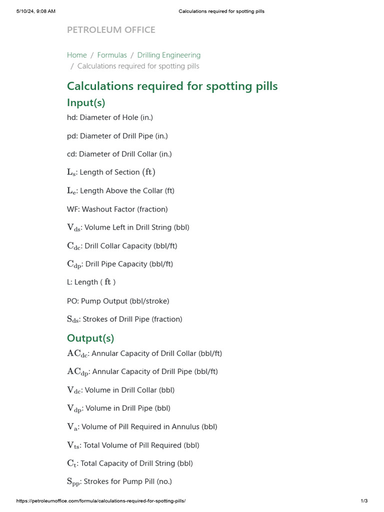 Calculations Required For Spotting Pills | PDF | Petroleum | Fuel ...