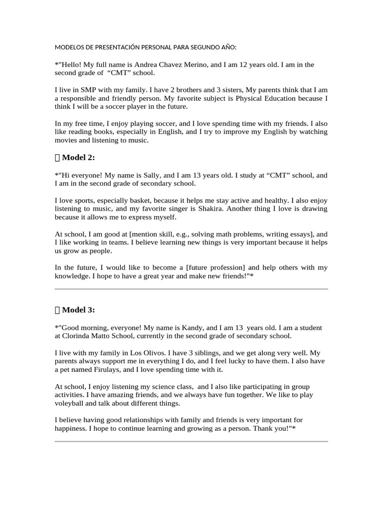 Personal Introduction Models for Students | PDF