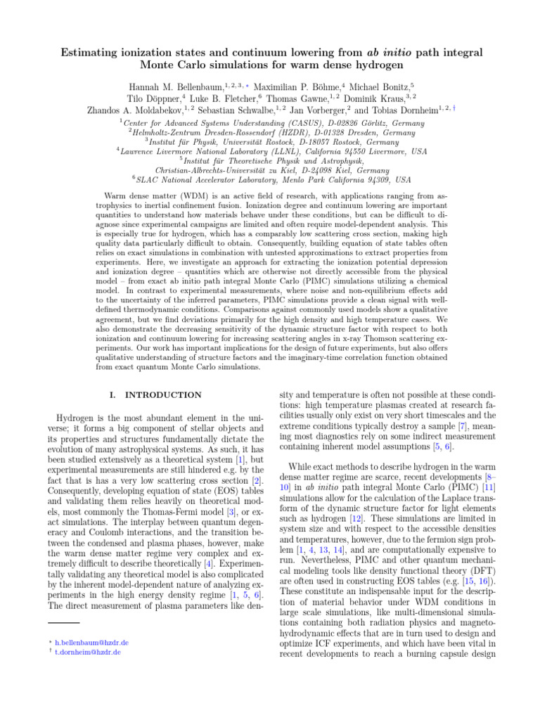Estimating Ionization States and Continuum Lowering From Path Integral ...