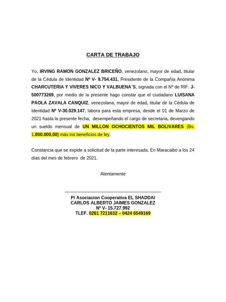 Carta de Trabajo Irwing | PDF