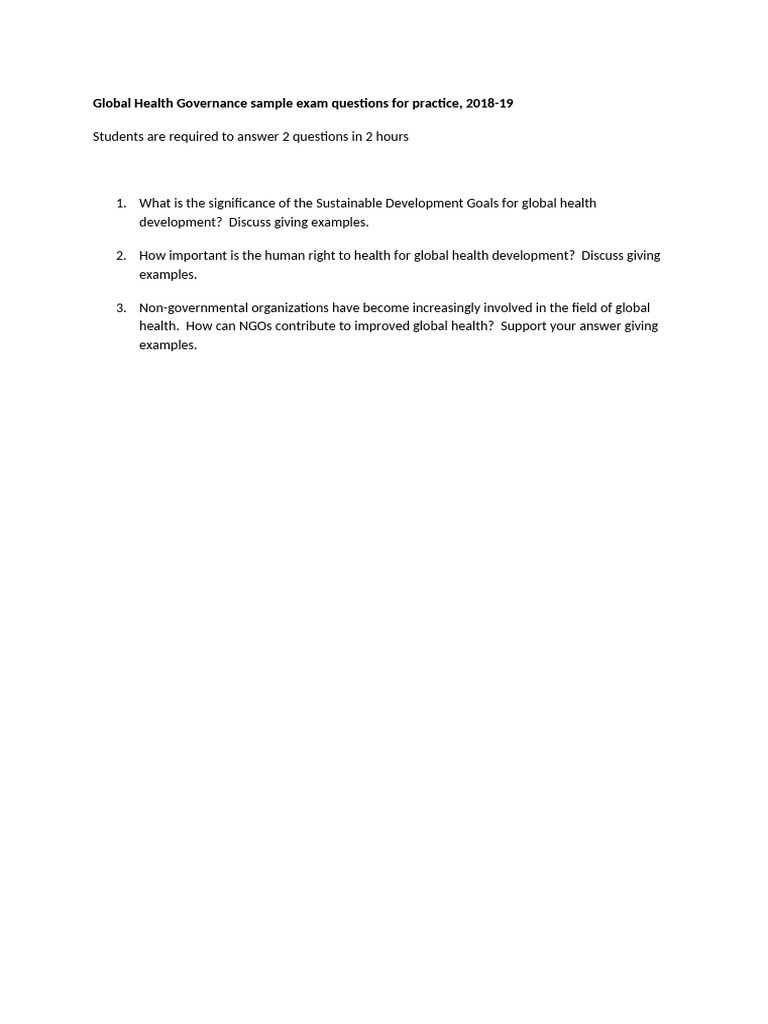 Global Health Governance Exam Questions | PDF