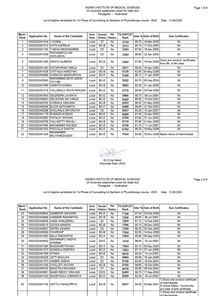 NIMS BPT 2024 Counselling Merit List | PDF | Therapy | Rehabilitation ...