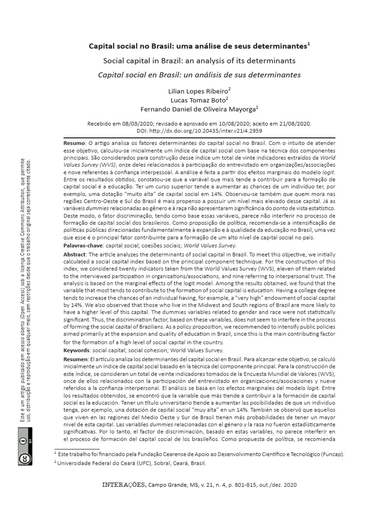 Determinantes do Capital Social no Brasil | PDF | Sociologia | Análise ...