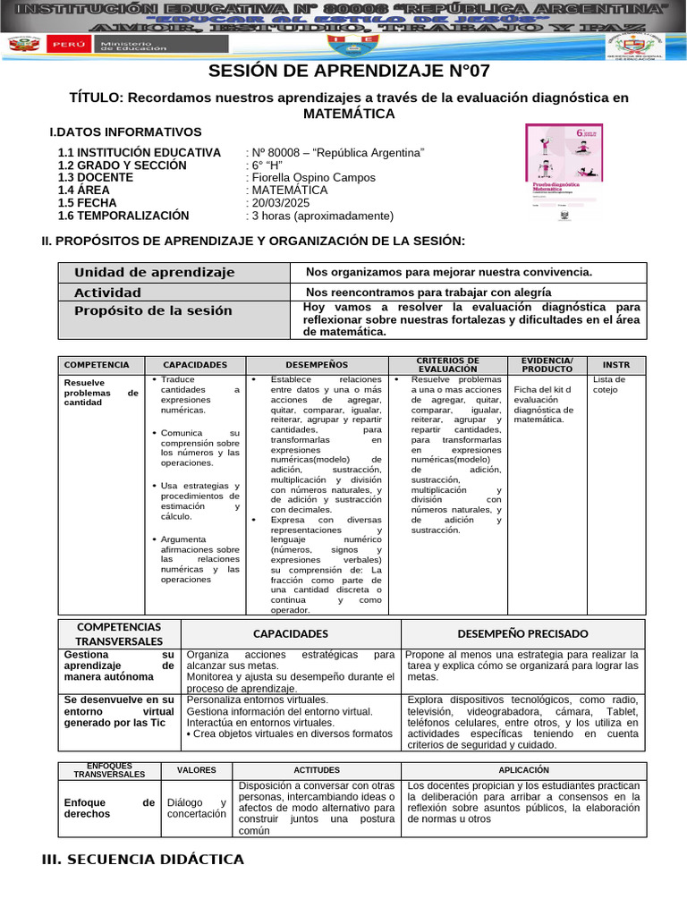 SESIÓN 7 MATEMATICA-Recordamos Nuestros Aprendizajes A Través de La Evaluación Diagnostica en ...