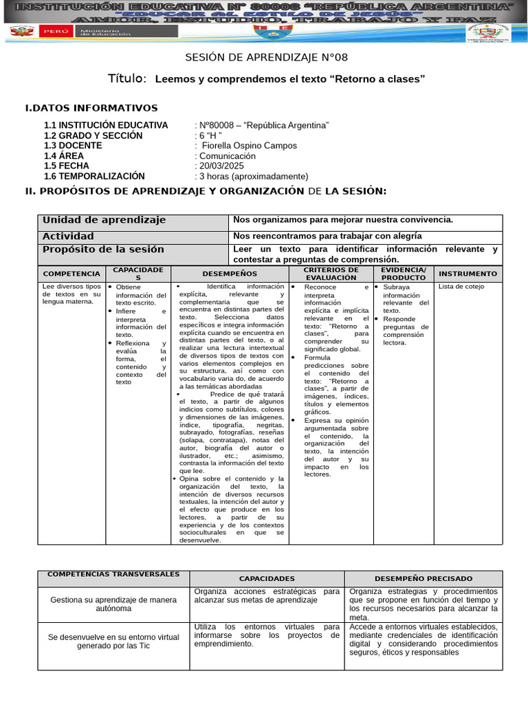 SESIÓN 08 COMUNICACIÓN - Leemos y Comprendemos El Texto Retorno A Clases | PDF | Aprendizaje ...