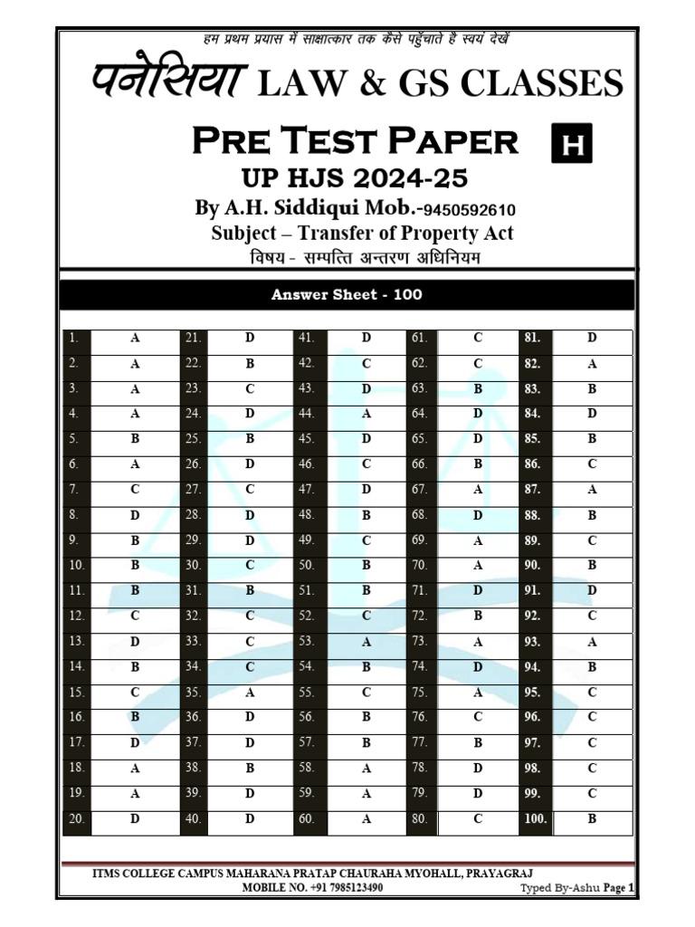 Transfer of Property Act 100 Q H HJS Answersheet - 084411 | PDF