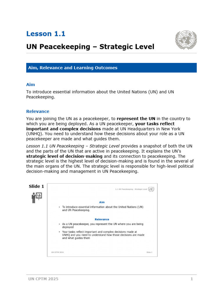 M1 - Lesson 1.1 UN Peacekeeping - Strategic Level - Lesson | PDF ...