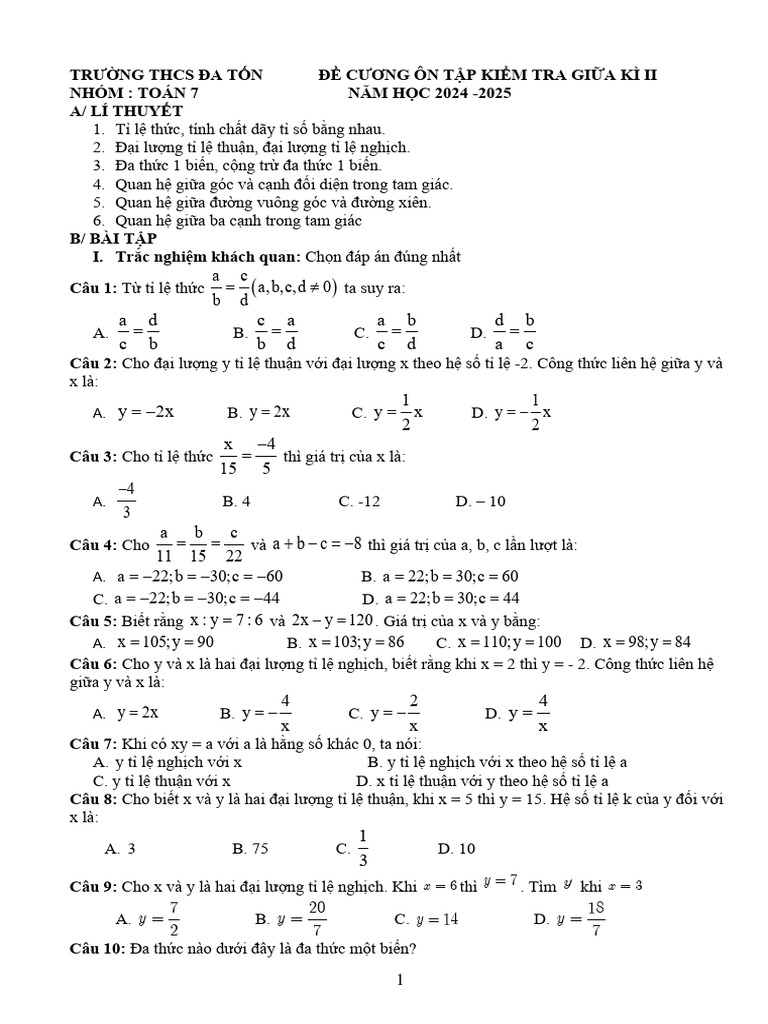 De Cuong Giua Hoc Ki 2 Toan 7 Nam 2024 2025 Truong Thcs Da Ton Ha Noi | PDF