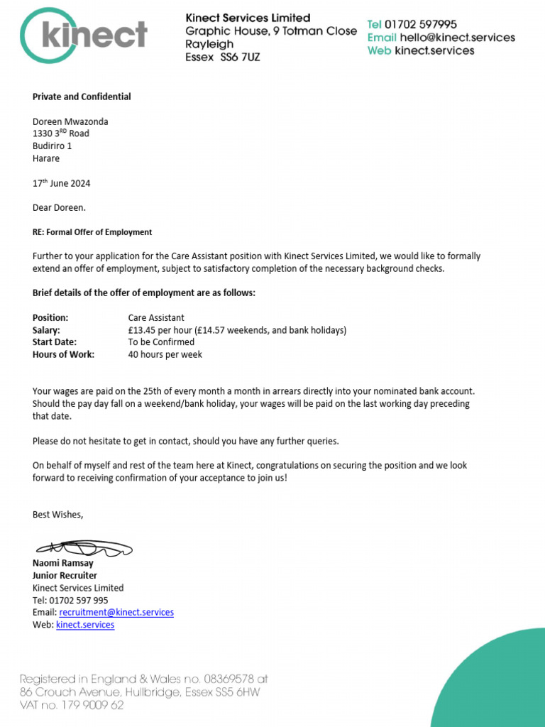 Care Assistant Job Offer from Kinect | PDF