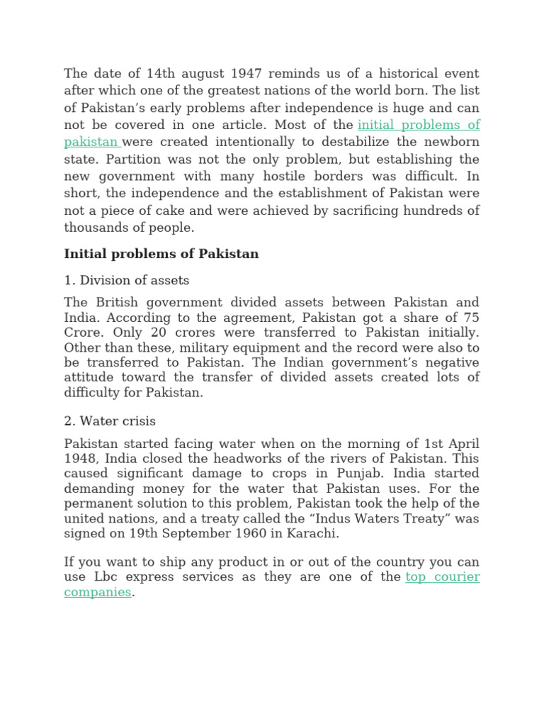 the Problems faced by Pakistan | PDF | Partition Of India | Pakistan