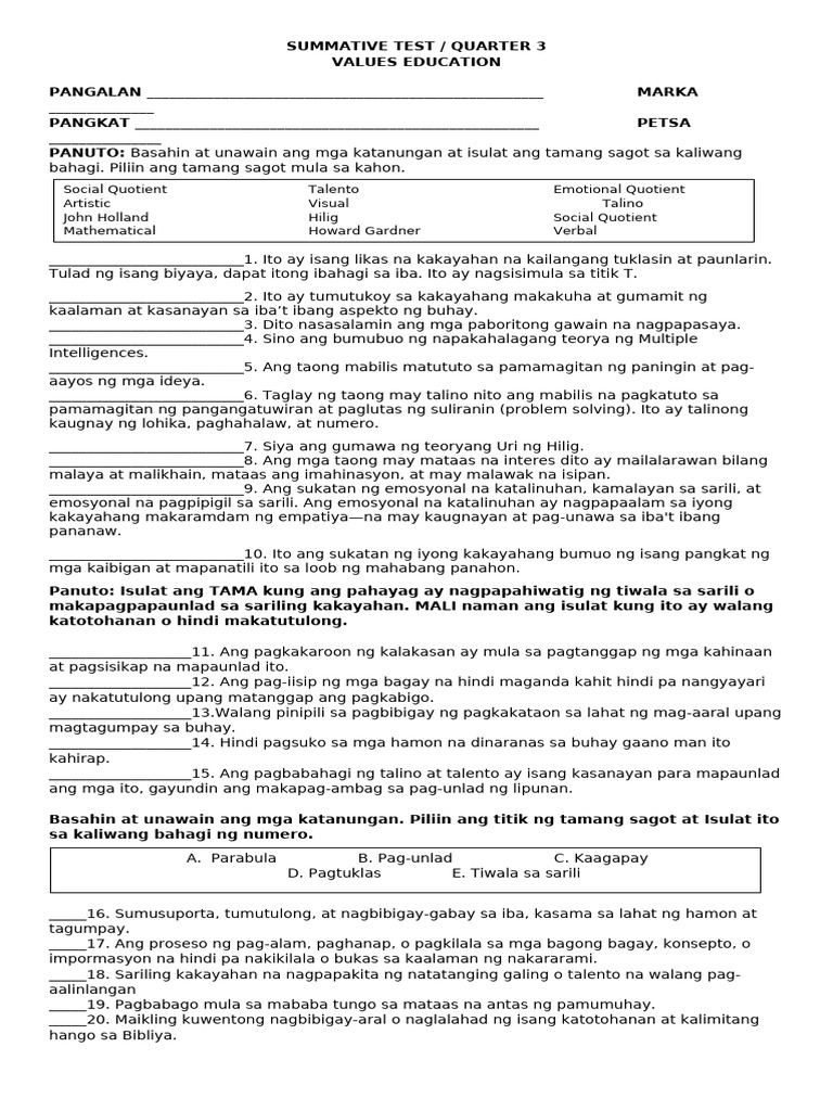 Summative Test Values Education 7 | PDF