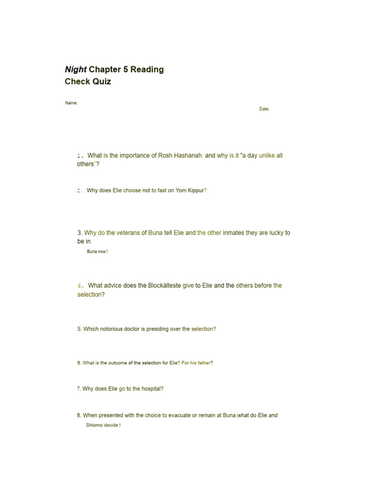 Max - Night Chapter 5 Reading Check Quiz | PDF