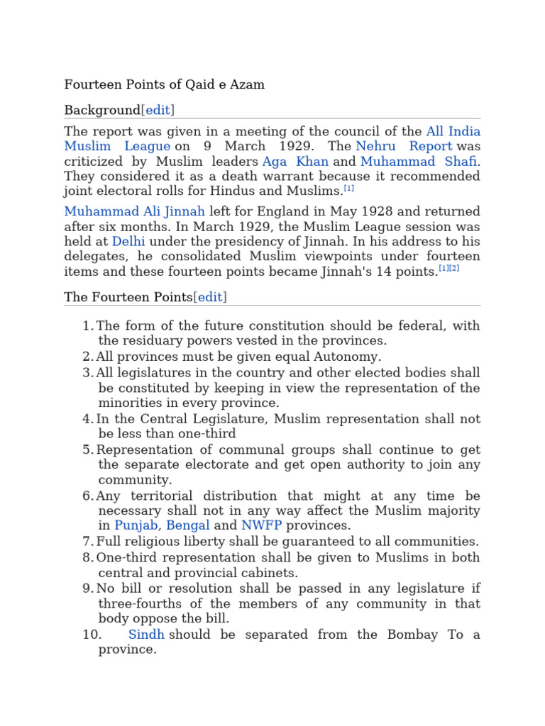 Qaid e Azam's Fourteen Points Explained | PDF | Muhammad Ali Jinnah ...