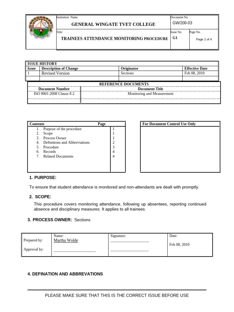 Trainees Attendance Monitoring Procedure | PDF | Vocational Education