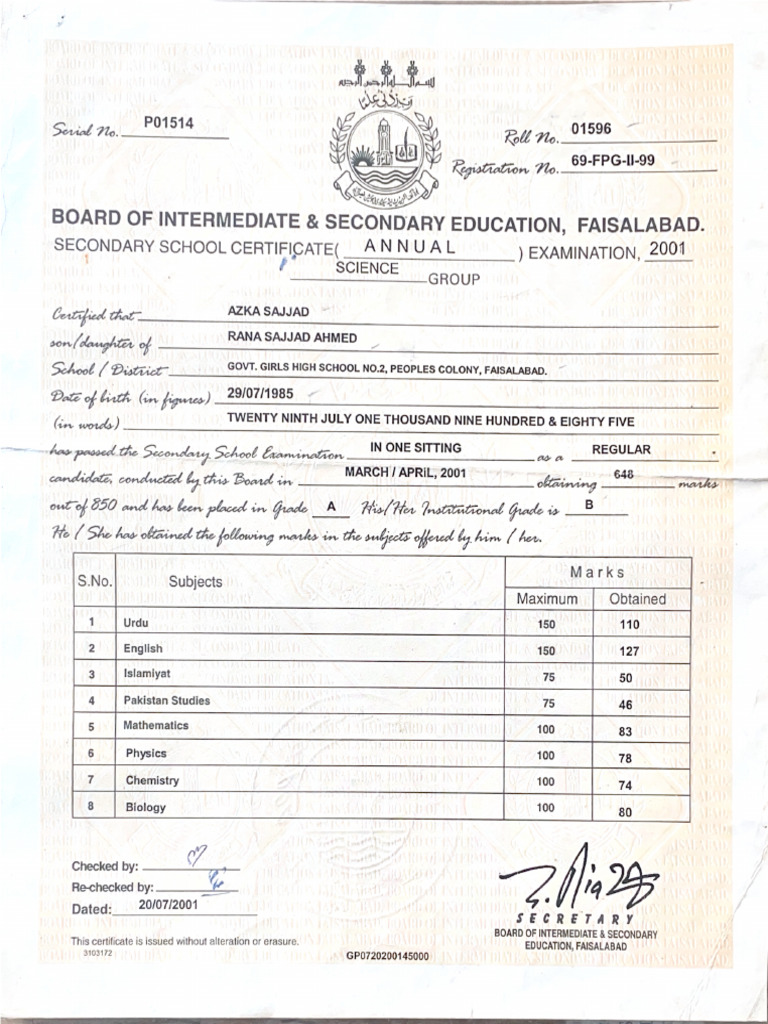 Board of Intermediate & Secondary Education, Faisalabad. | PDF