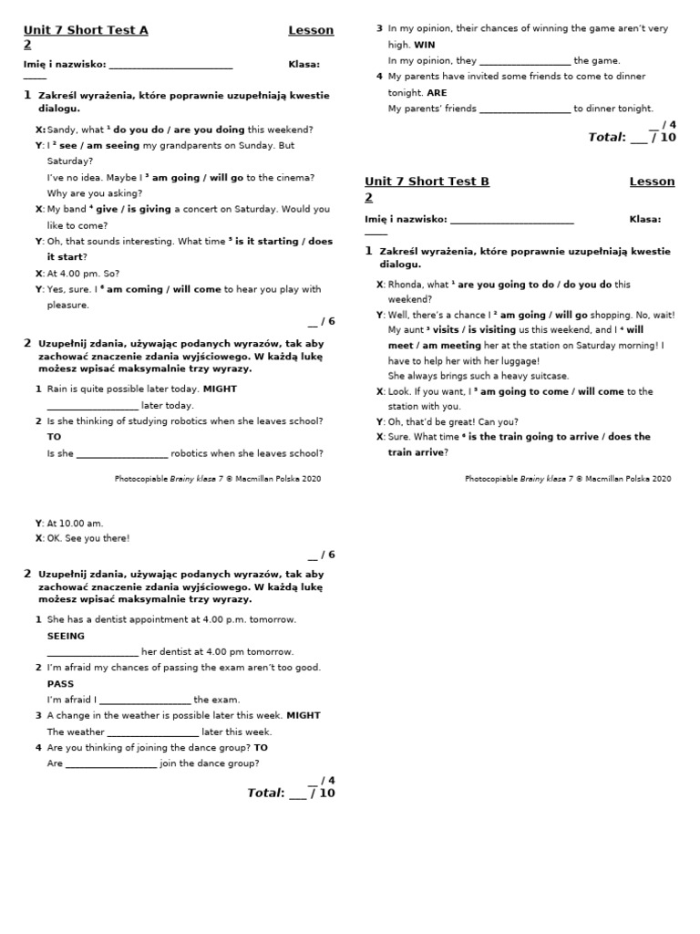 Brainy kl7 Short Tests Unit 7 Lesson 2 | PDF