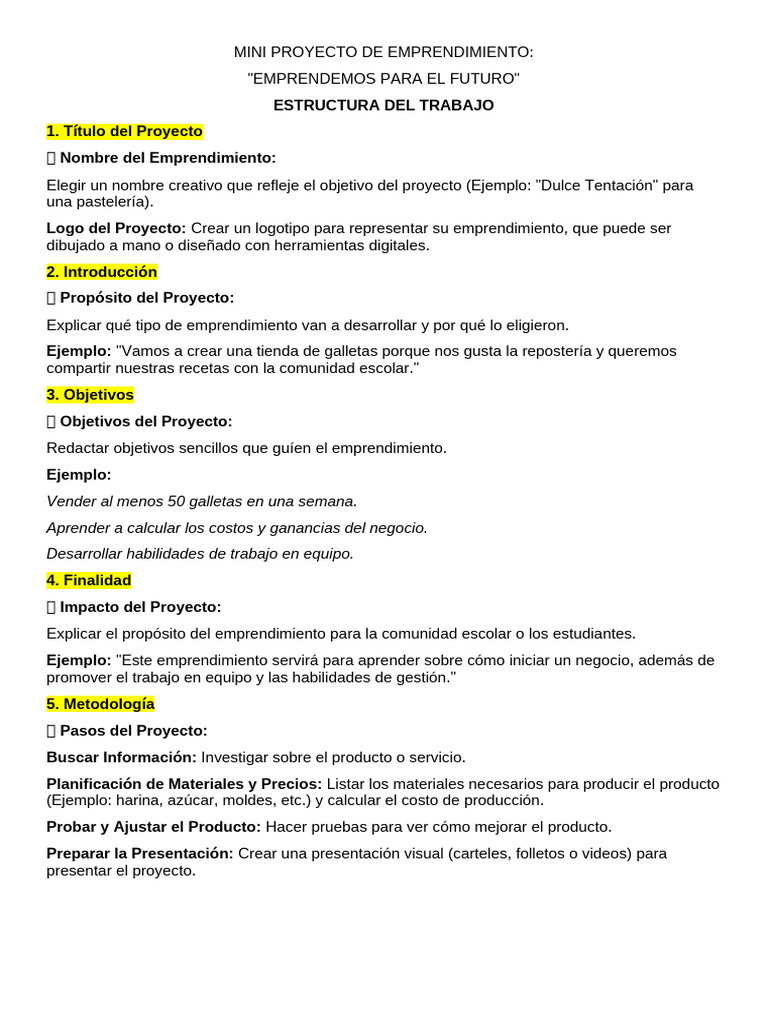 Mini Proyecto de Emprendimiento Escolar | PDF | Iniciativa empresarial ...