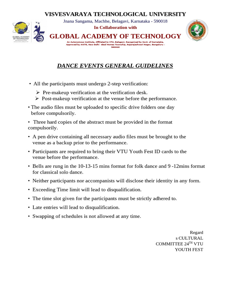 VTU Youth Fest Dance Event Guidelines | PDF