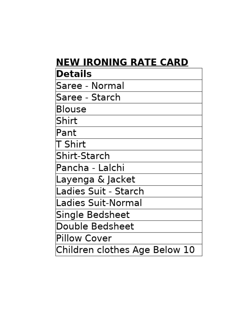 Rate Card - Ironing Clothes | PDF