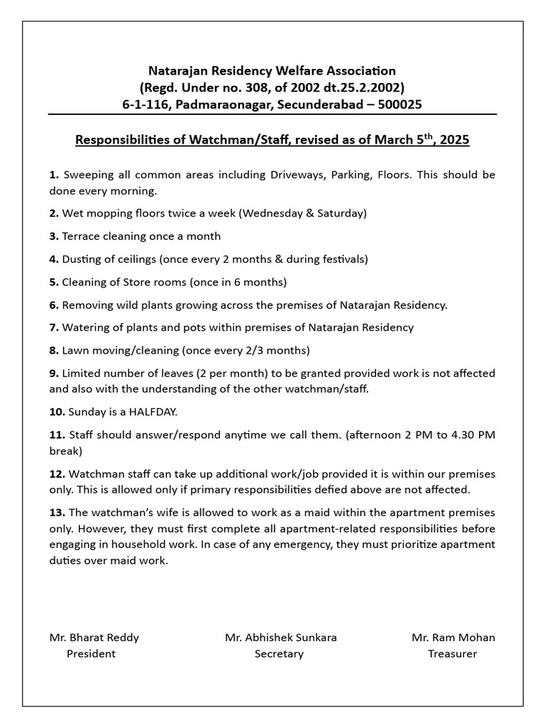 Watchman Responsibilities at Natarajan Residency | PDF