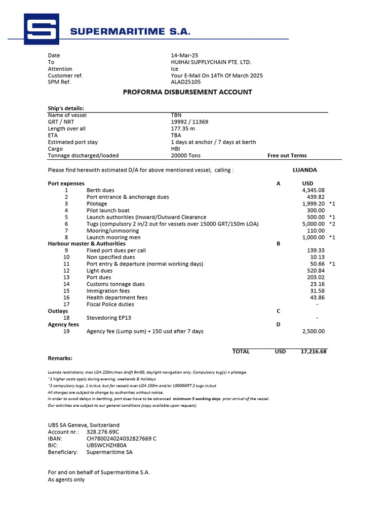 MV TBN - PDA ALAD25105 HUIHAI SUPPLYCHAIN - Luanda Commercial v1 | PDF | Water Transport | Ships