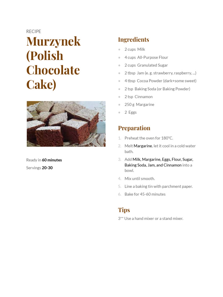 Polish Chocolate Cake Recipe: Murzynek | PDF