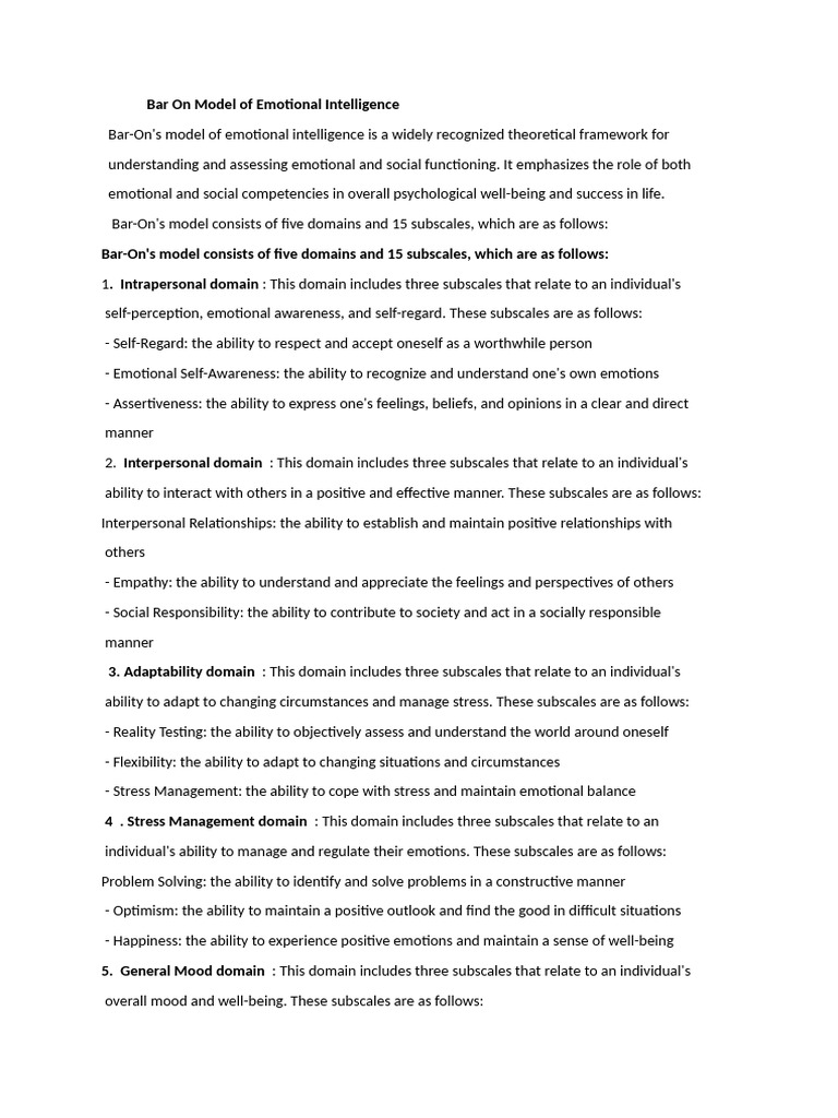 Bar-On Model of Emotional Intelligence | PDF | Psychotherapy ...