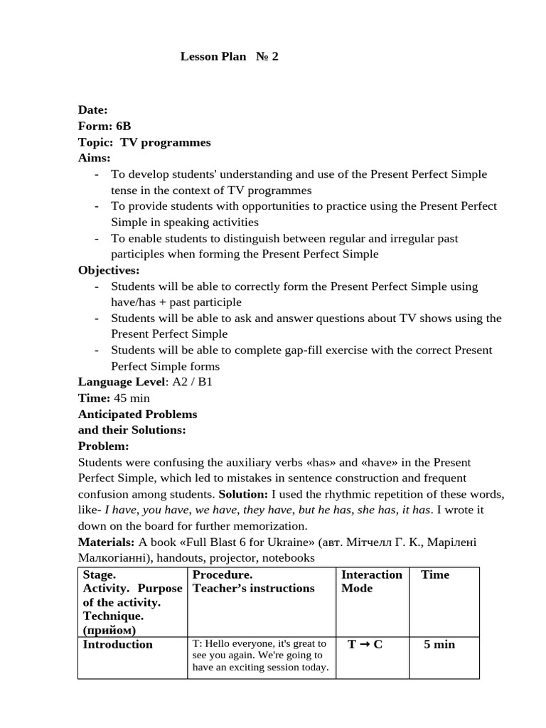Present Perfect Simple Lesson Plan | PDF | Perfect (Grammar ...