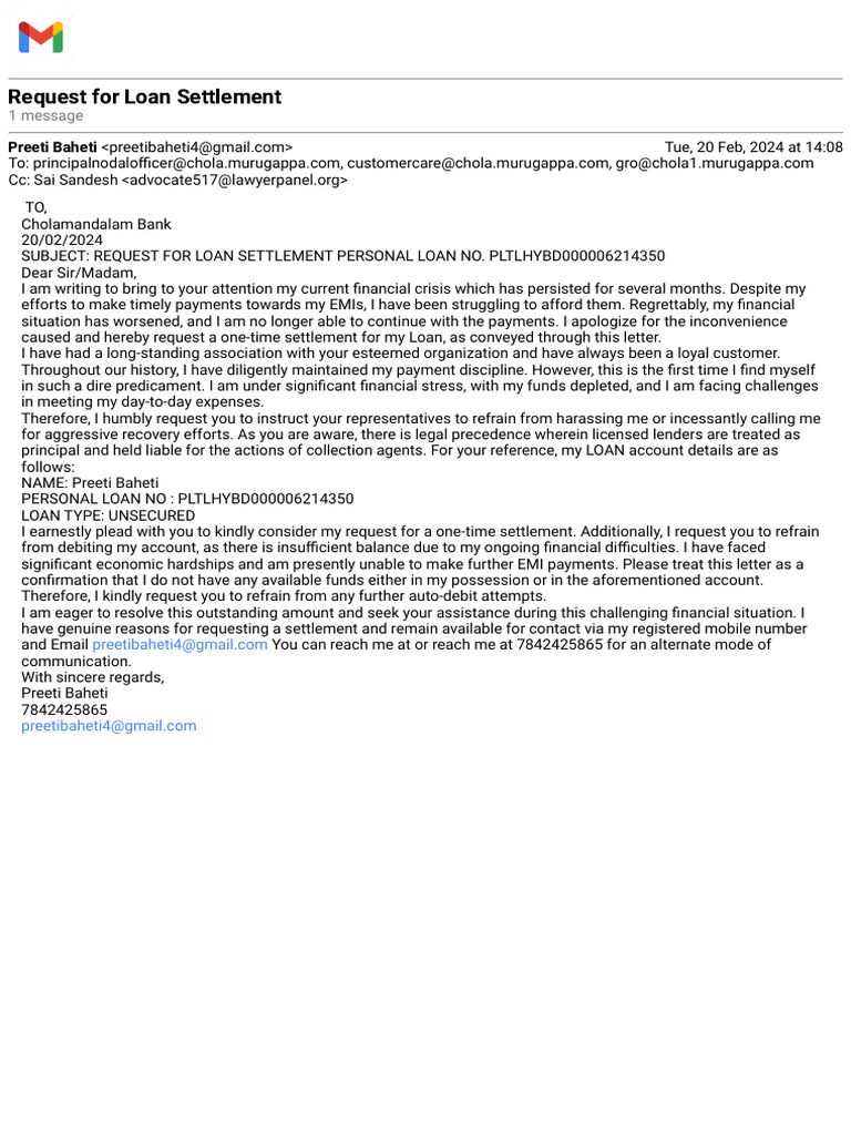 Loan Settlement Request Letter | PDF | Loans | Debt