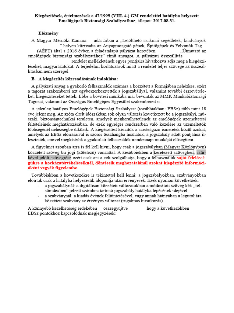 18 AEFT 2017 - Kiegeszites Emelogepek Biztonsagi Szabalyzatahoz | PDF