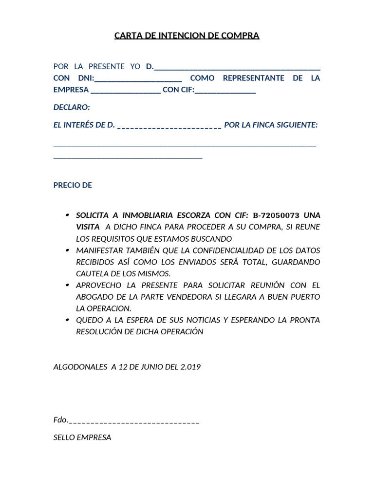 Carta de Intencion de Compra | PDF