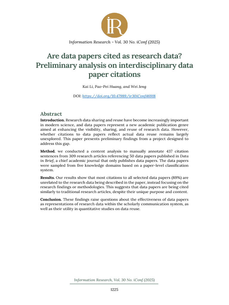 Are Data Papers Cited As Research Data Preliminary | PDF | Data | Citation