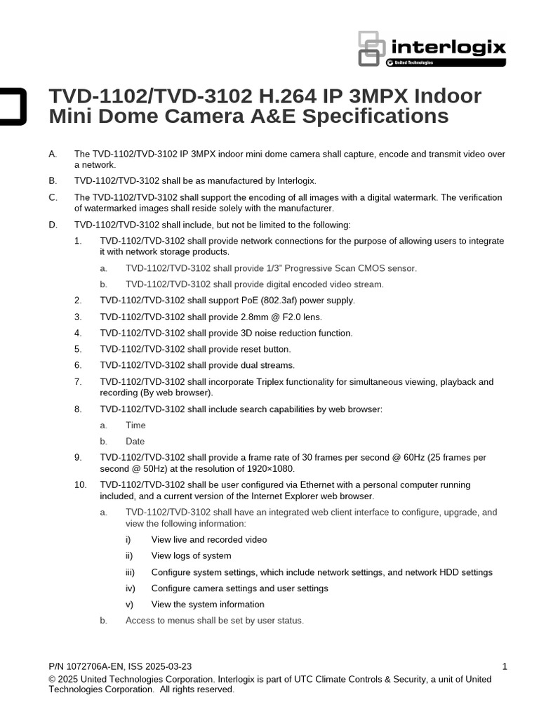 1072706A TVD-1102 3102 H.264 IP Indoor Mini Dome Camera A E ...