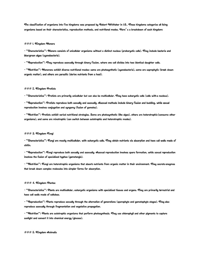 The Classification of Organisms Into Five Kingdoms Was Proposed by ...