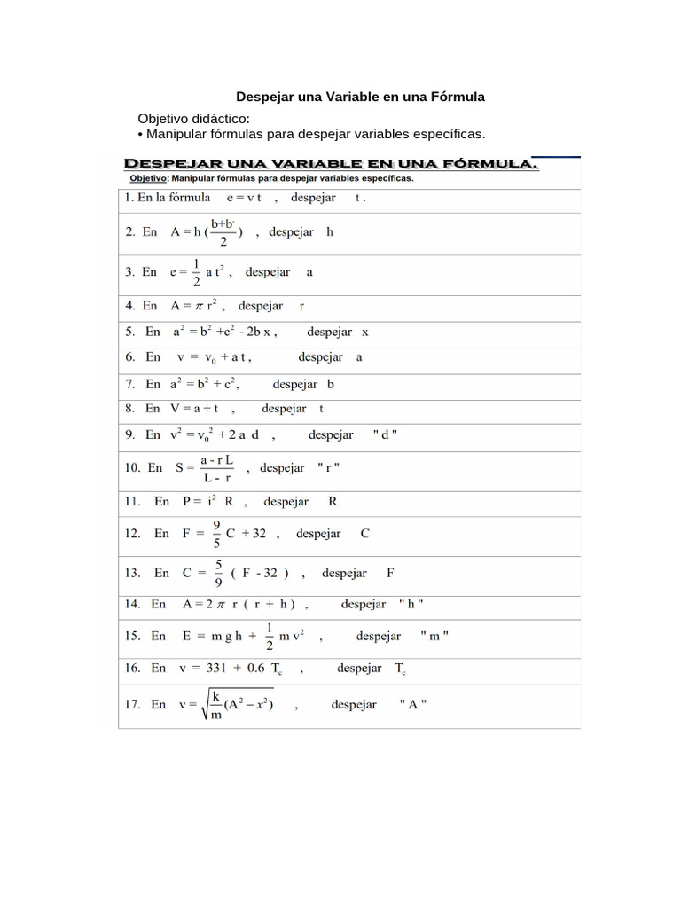 Despejar una Variable en una Fórmula | PDF