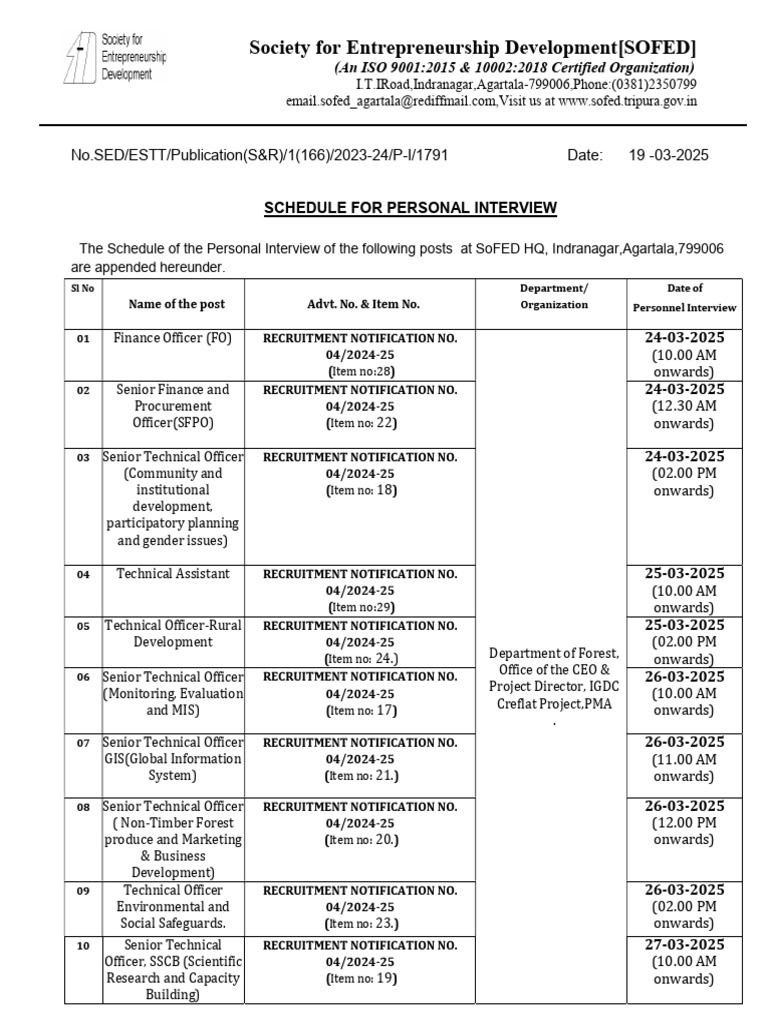SOFED Tripura Recruitment Interview Schedule | PDF