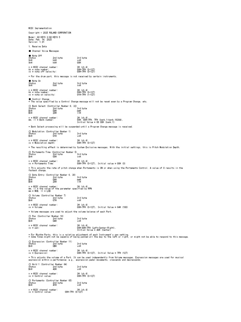 MIDI Implementation Guide for GO:KEYS | PDF | Cent (Music)