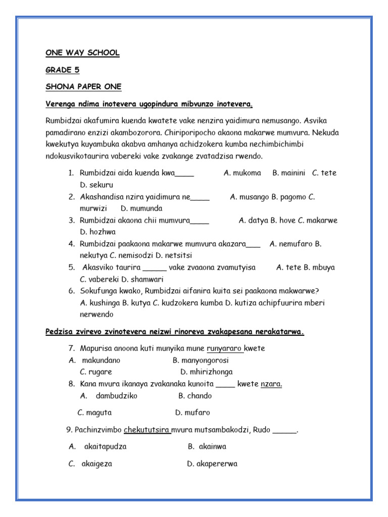 Grade 5 Shona p1 Term 2 2020 | PDF