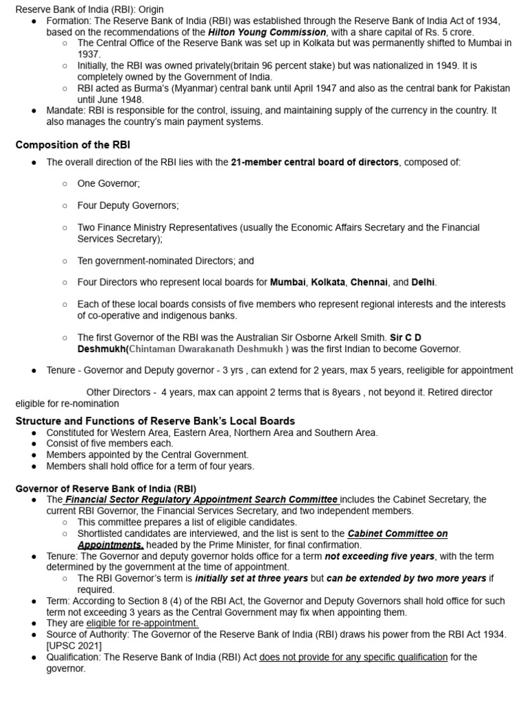 Reserve Bank of India (RBI) - Governor and Function | PDF | Reserve ...