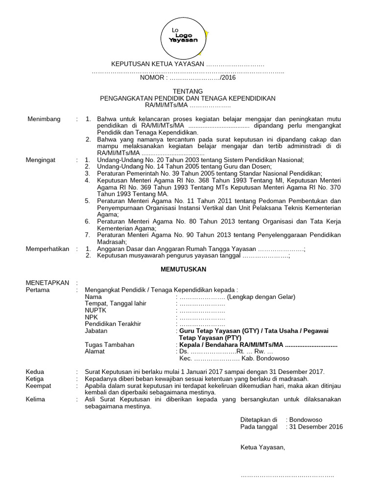Contoh SK Pengangkatan Pendidik Dan Tenaga Kependidikan Revisi | PDF
