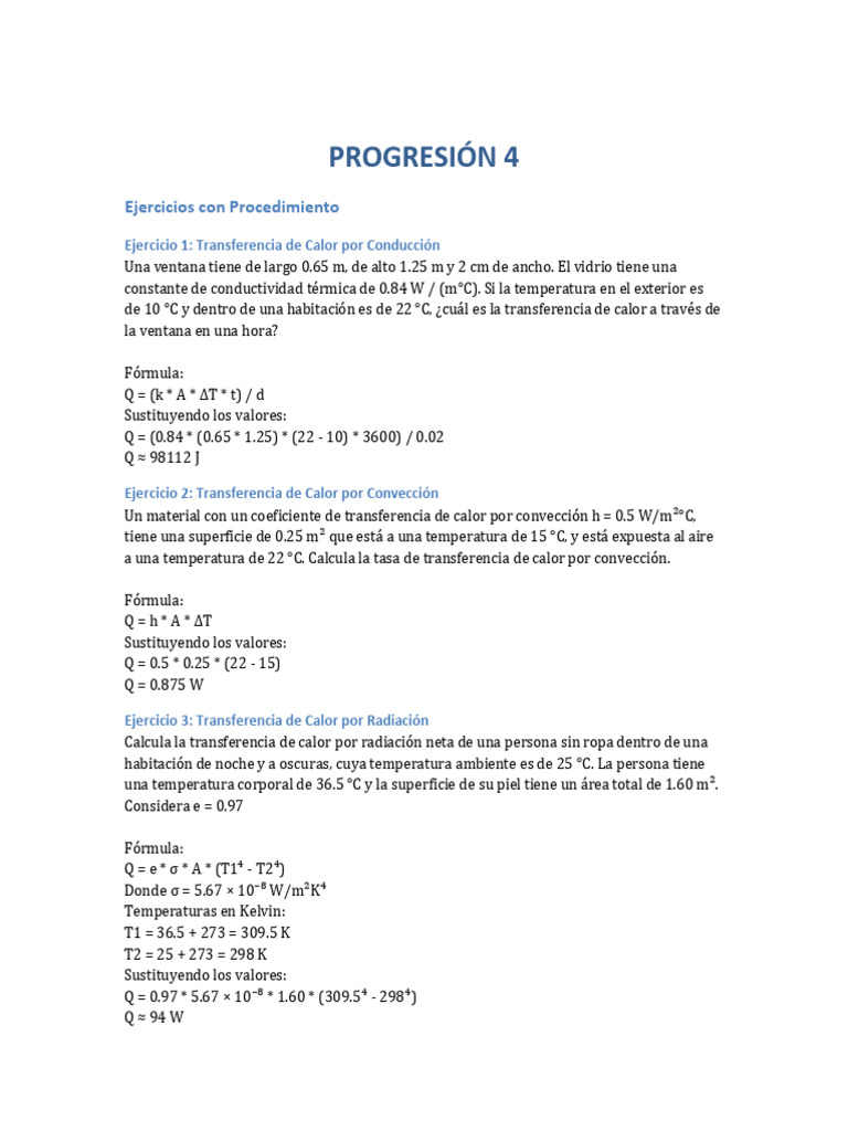 Progresion 4 Ejercicios | PDF | Transferencia de calor | Calor
