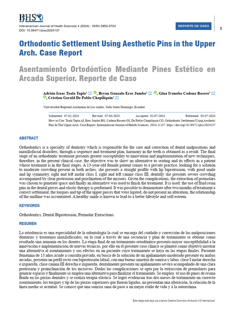 4° Orthodontic Settlement Using Aesthetic Pins in The Upper | PDF ...