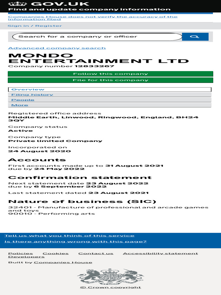 MONDO ENTERTAINMENT LTD Overview - Find and Update Company Information ...