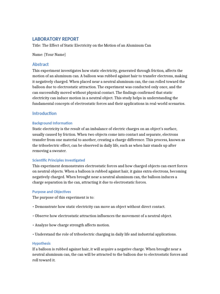 Lab Report Static Electricity | PDF | Electric Charge | Electricity