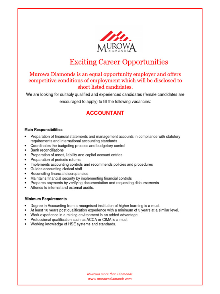 Murowa Diamonds Job Vacancies 2023 | PDF | Electrician | Accounting